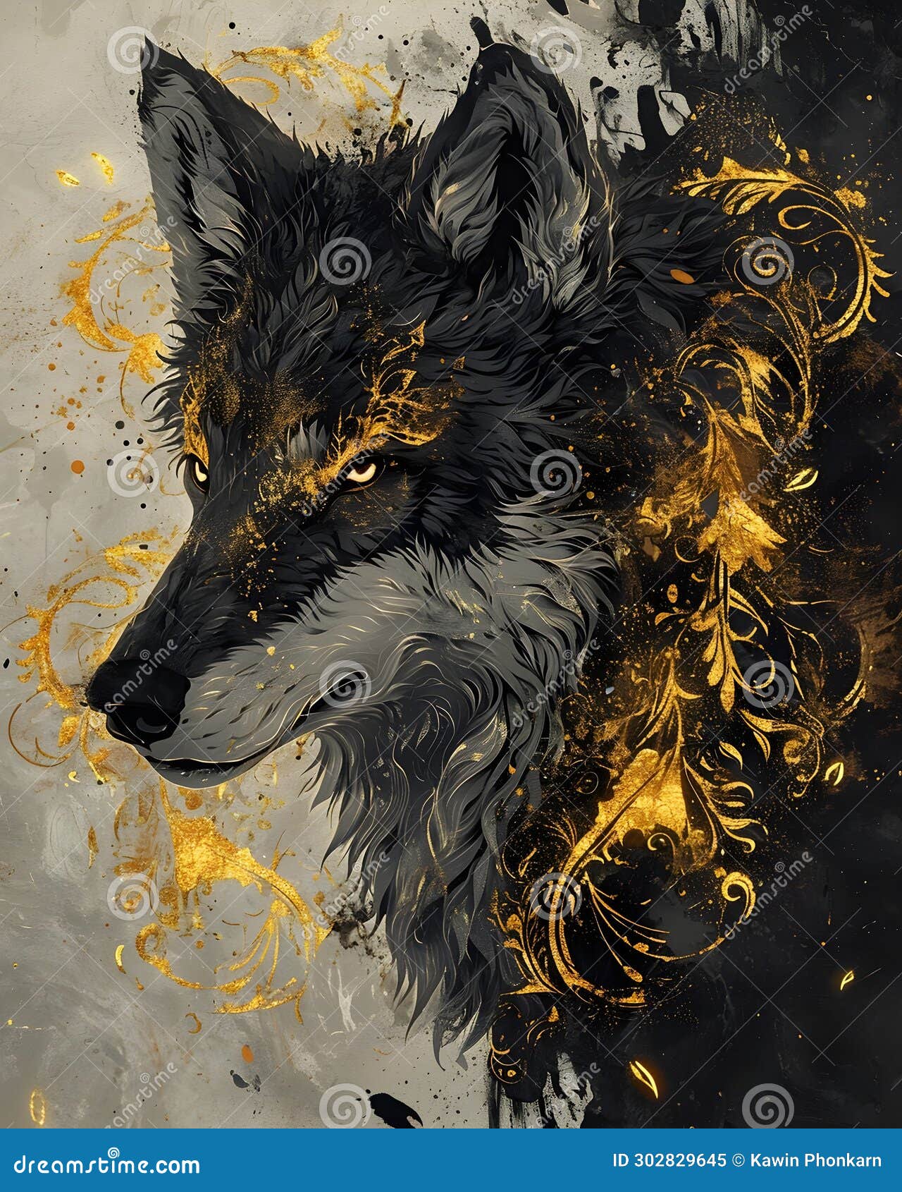 Wolf Golden Hair Black Background Stock Illustration - Illustration of ...