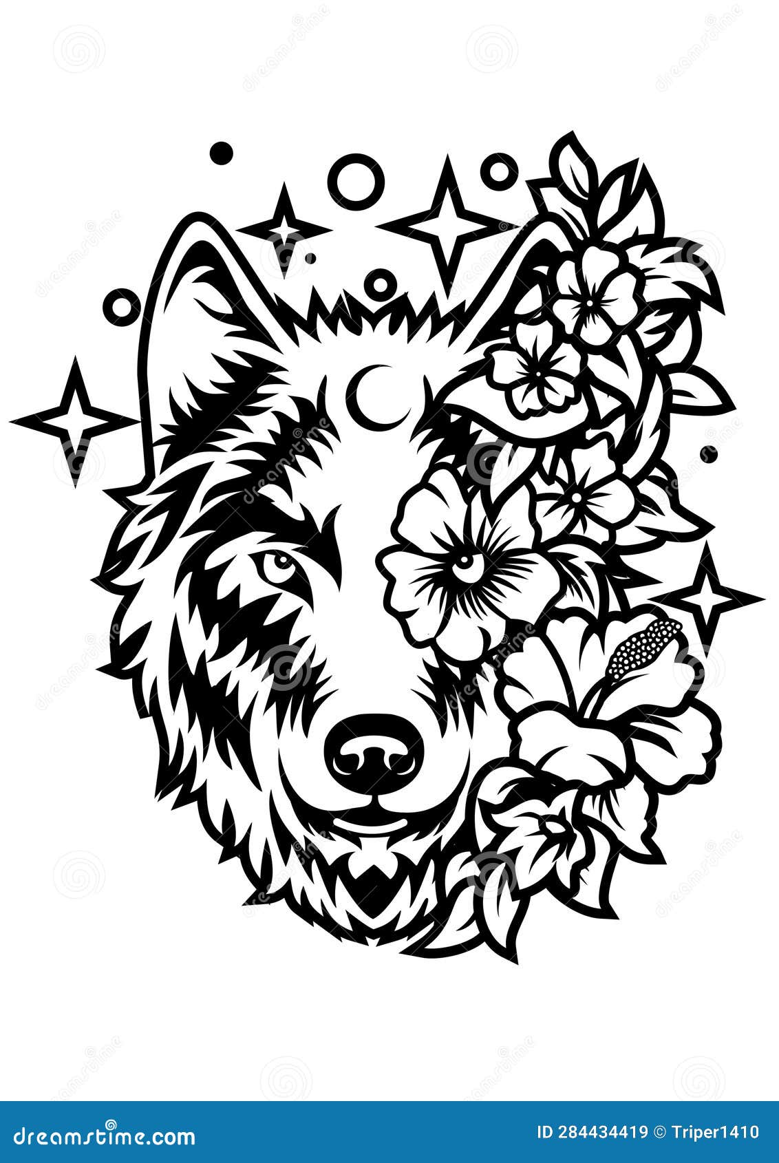 Wolf Head with Flowers Vector Line Art Stock Vector - Illustration of ...