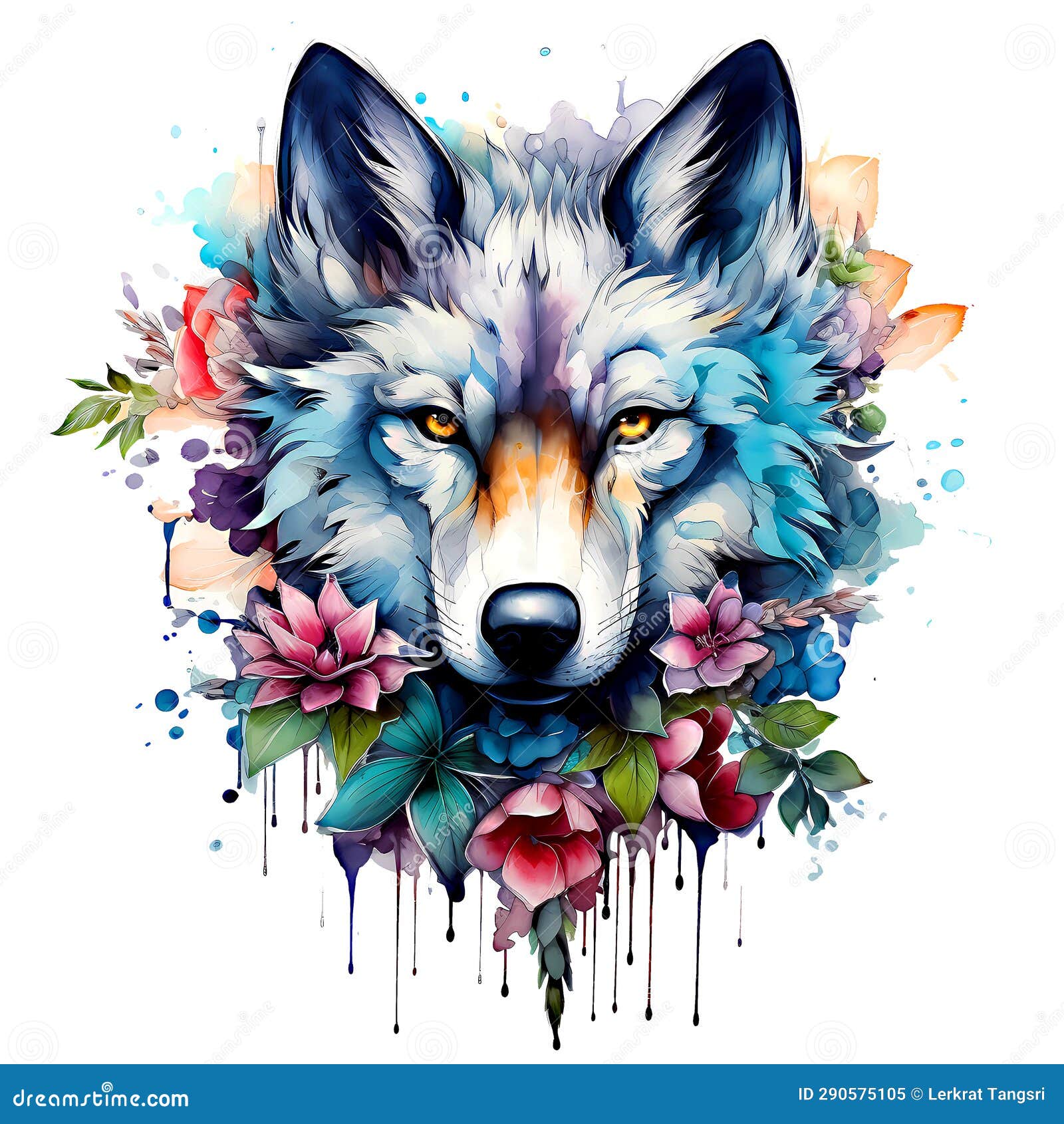 Wolf head and flowers stock illustration. Illustration of organ - 290575105