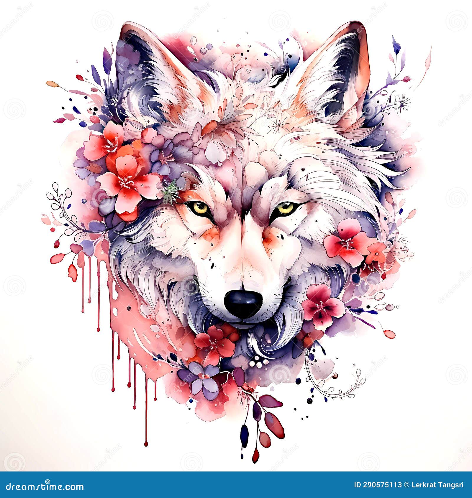 Wolf head and flowers stock illustration. Illustration of cartoon ...