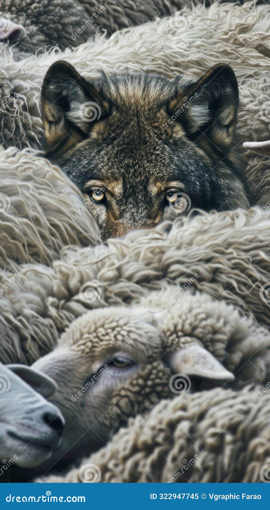A Wolf Hidden among a Flock of Sheep, Close-up View. Deception and ...
