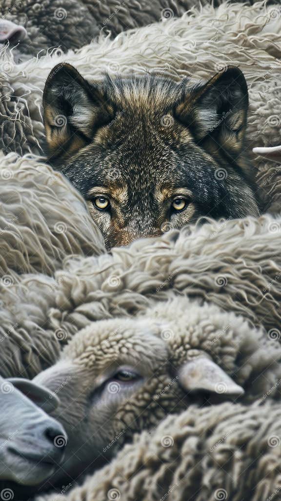 A Wolf Hidden among a Flock of Sheep, Close-up View. Deception and ...