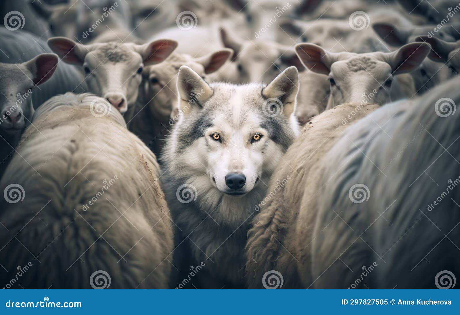 A Wolf Among A Crowd Of Sheep, Looking Intensely At The Camera Stock ...