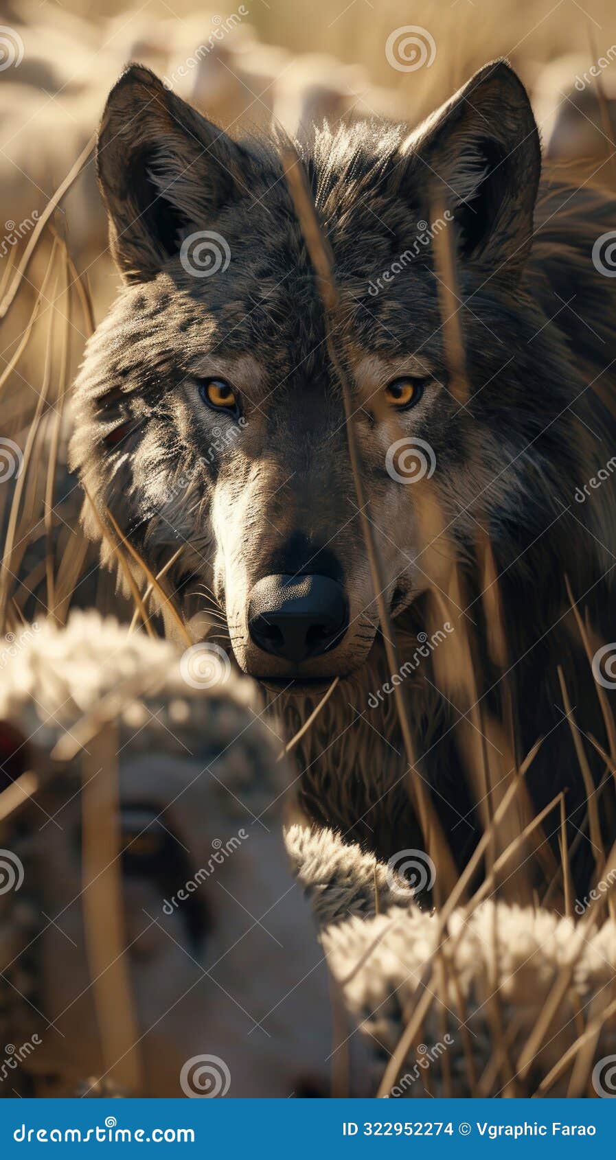 Wolf Hiding in Tall Grass Staring at Camera with Sheep in Foreground ...