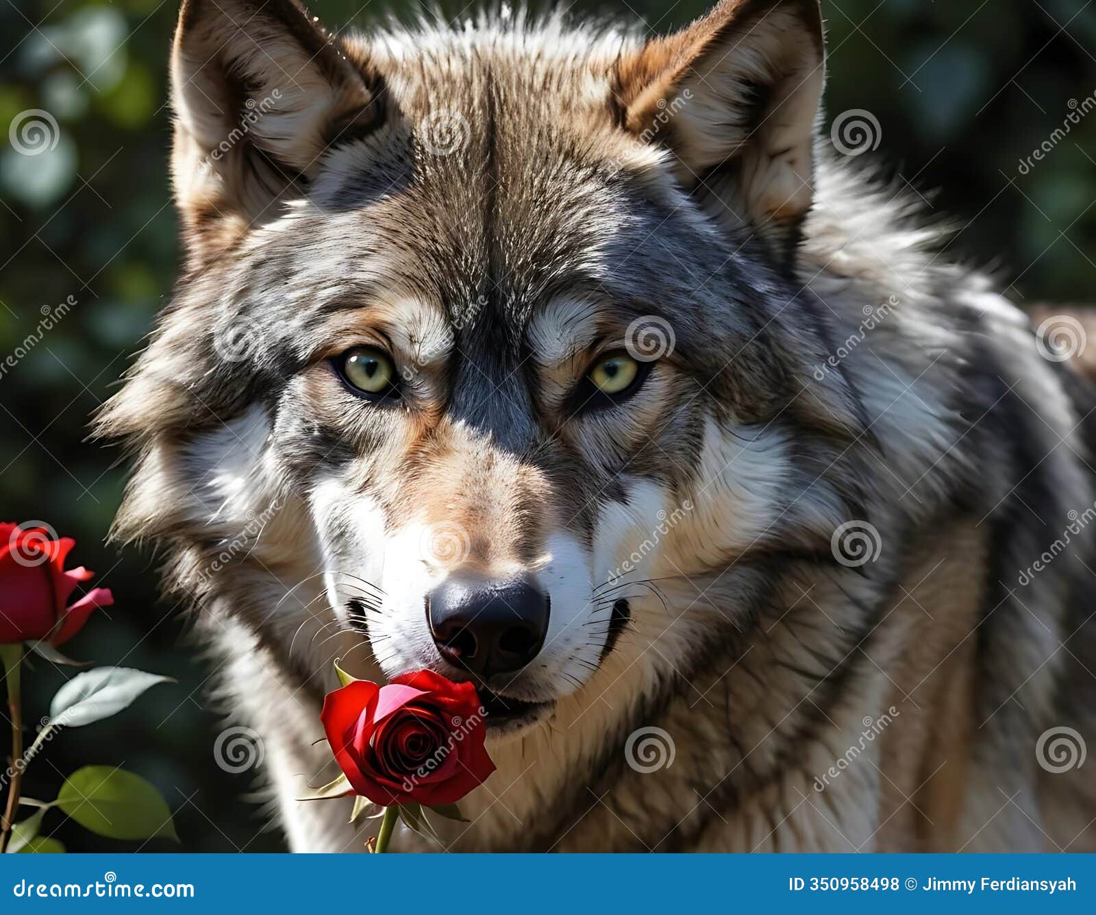 Wolf Holding a Red Rose in Soft Romantic Setting Stock Photo - Image of ...