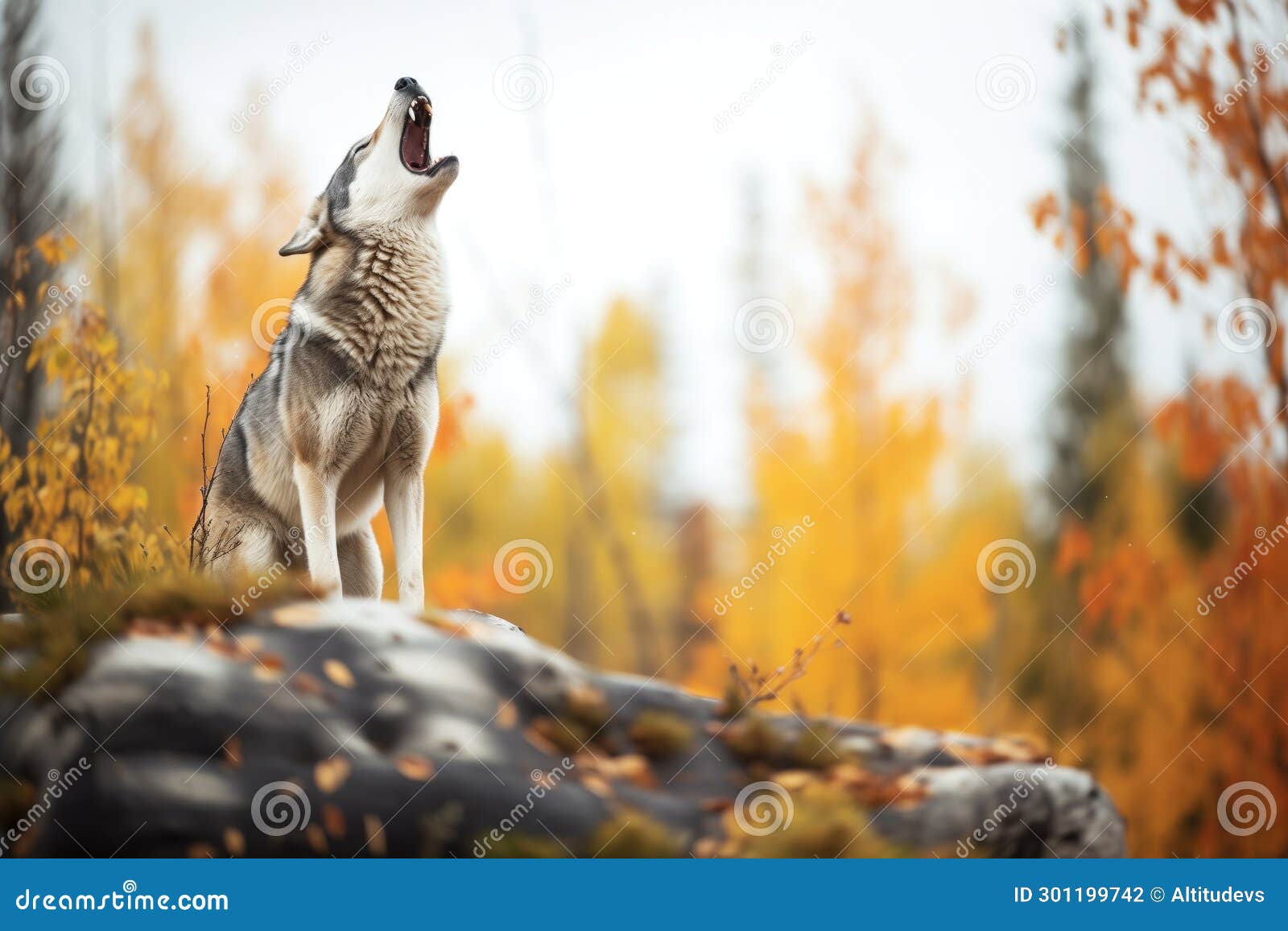 Wolf Howling with Autumn Trees in the Backdrop Stock Photo - Image of ...