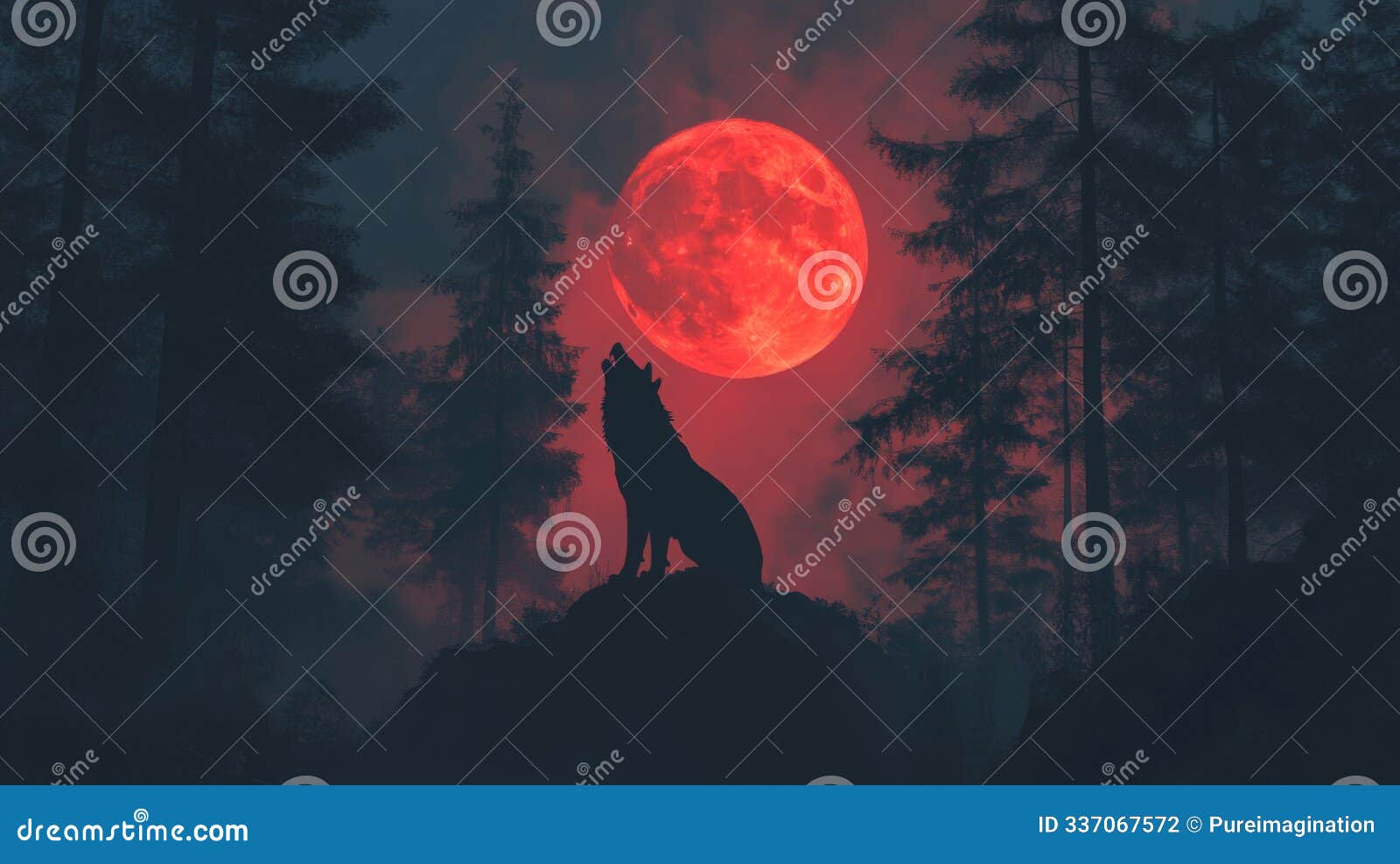 A Wolf Howling at a Blood Red Moon in a Dark Forest Stock Illustration ...