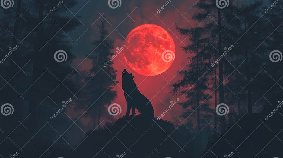 A Wolf Howling at a Blood Red Moon in a Dark Forest Stock Illustration ...