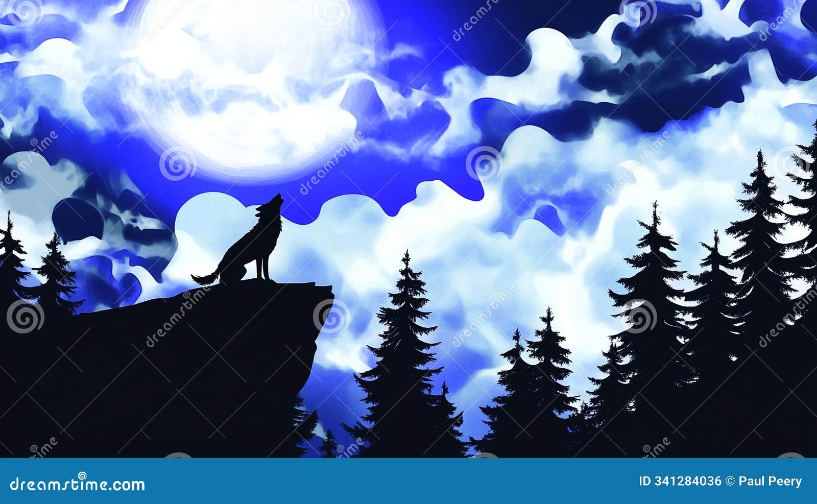 Wolf Howling on Cliff Under Bright Full Moon in Blue Night Sky with ...