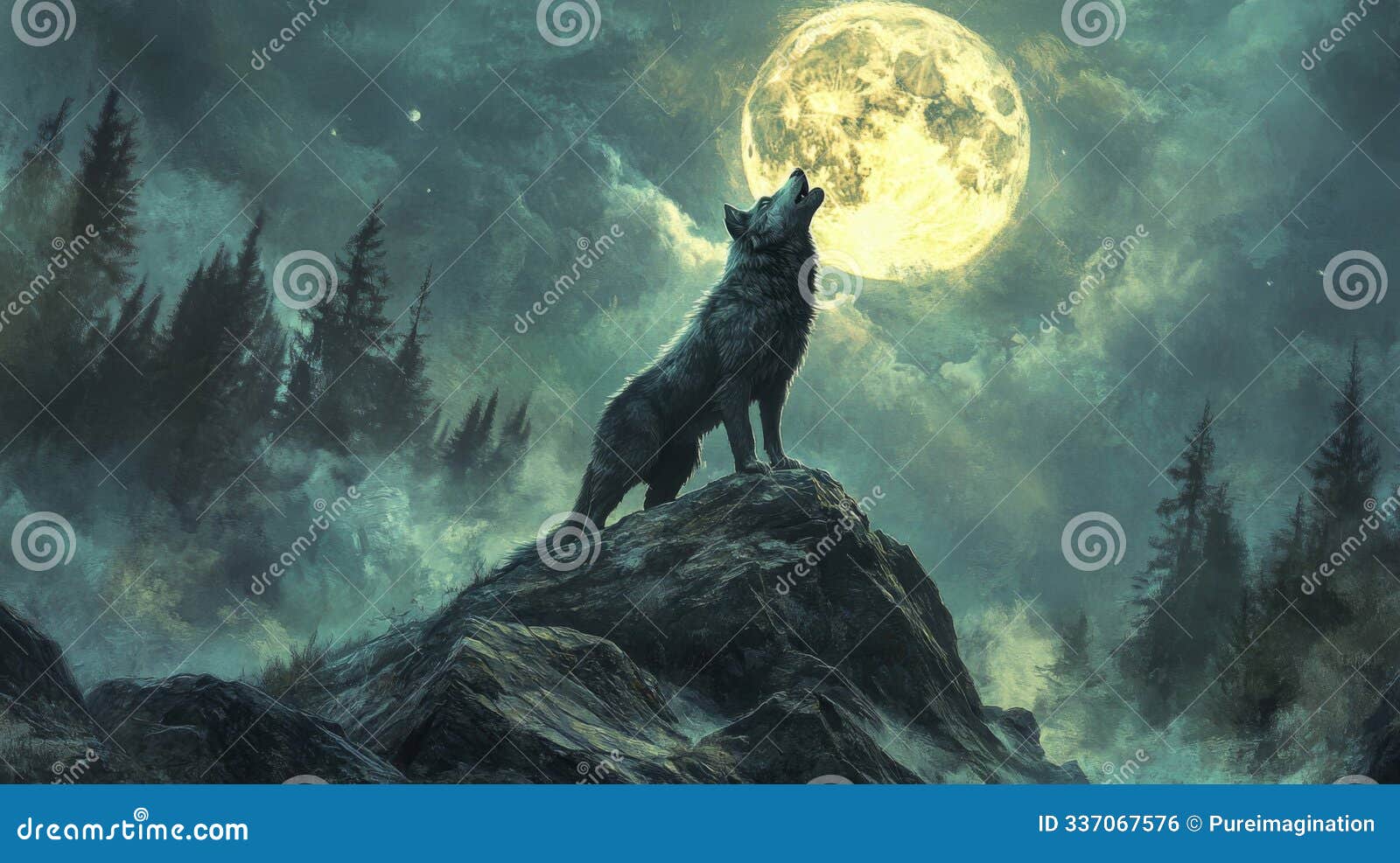 Wolf Howling at a Full Moon in a Foggy Forest Stock Illustration ...