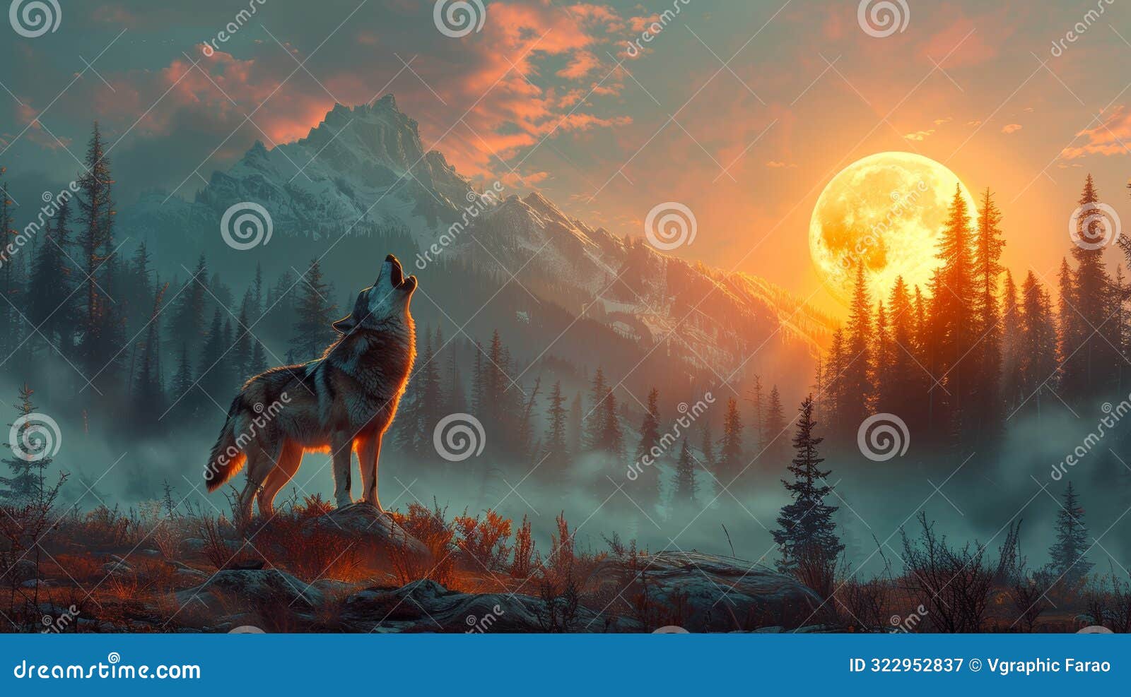 Wolf Howling at Full Moon in a Misty Forest with Mountains at Dawn ...