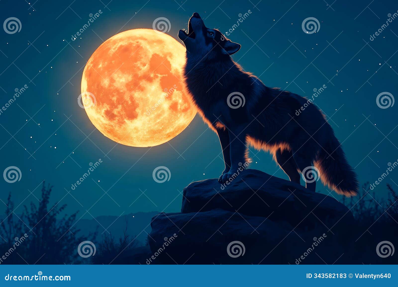 A Wolf Howling at the Moon with a Full Moon in the Background Stock ...
