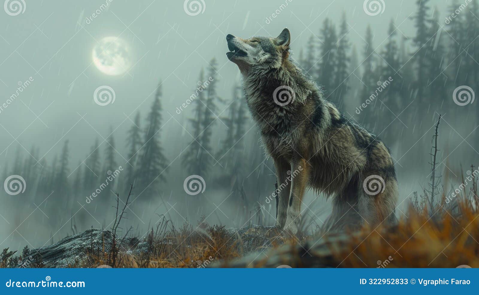 Wolf Howling in Misty Forest with Full Moon and Rain, Wilderness ...
