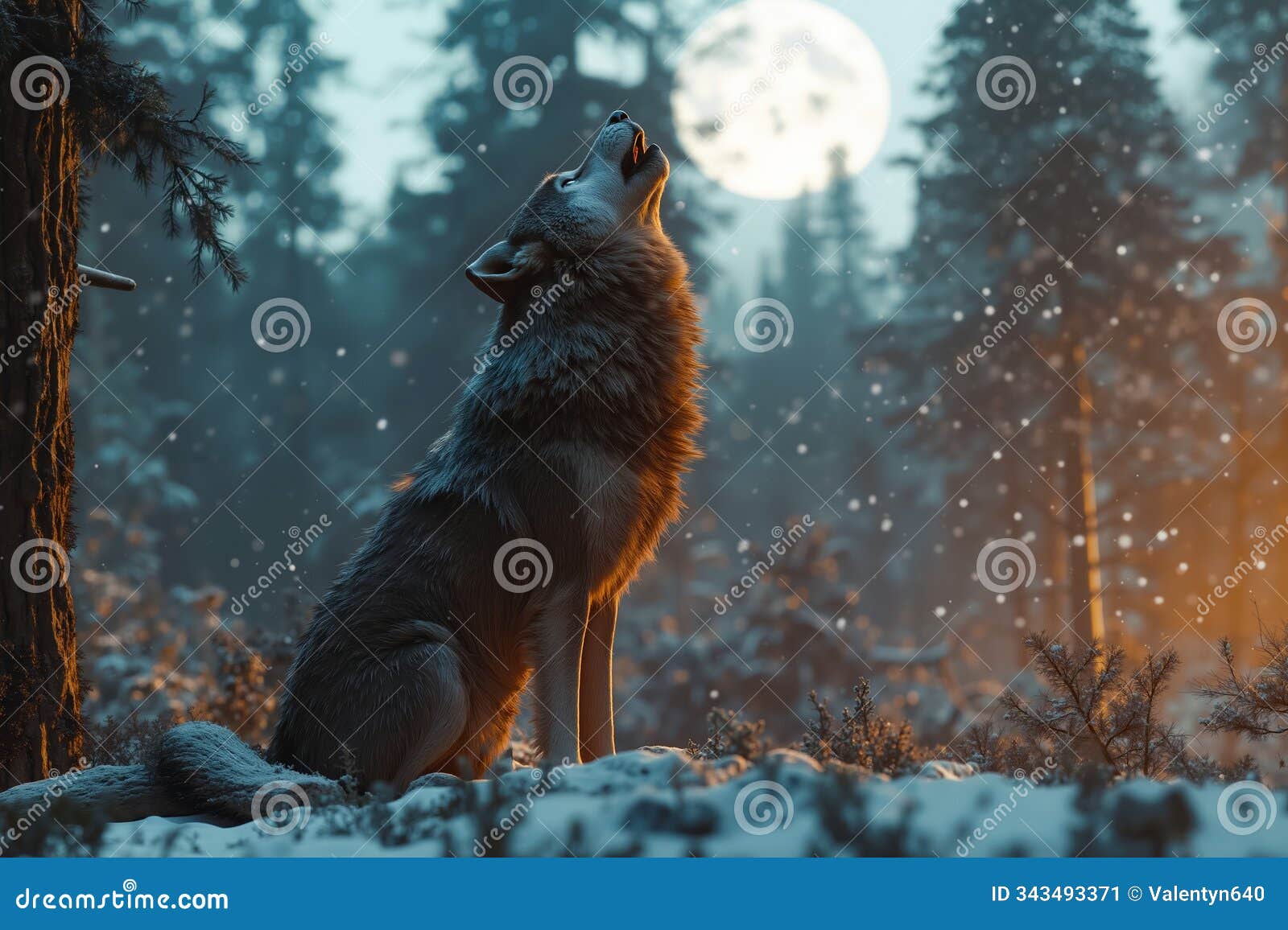 A Wolf Howling at the Moon in a Snowy Forest Stock Image - Image of ...