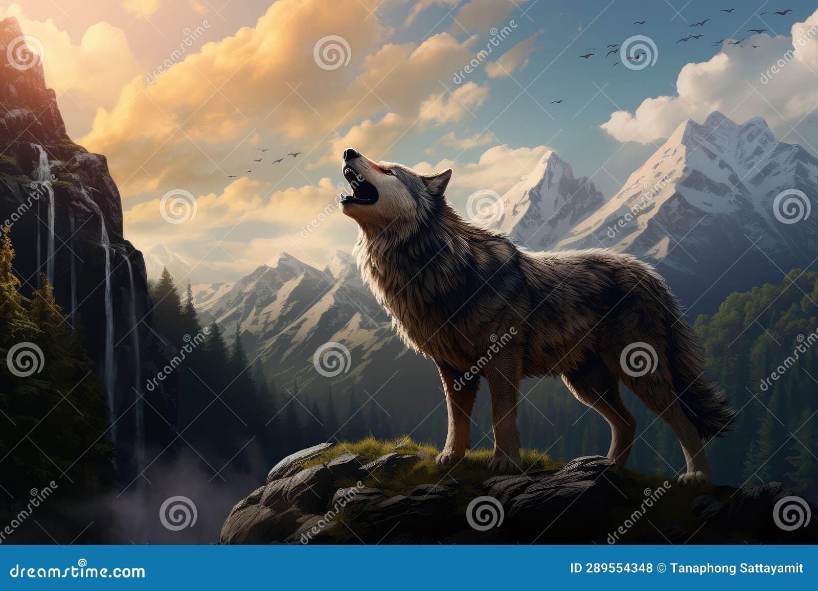 Wolf Howling in the Mountains at Sunset Stock Illustration ...