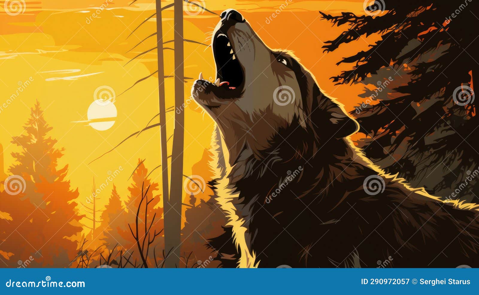 A Wolf Howling at the Sunset in the Woods, AI Stock Illustration ...