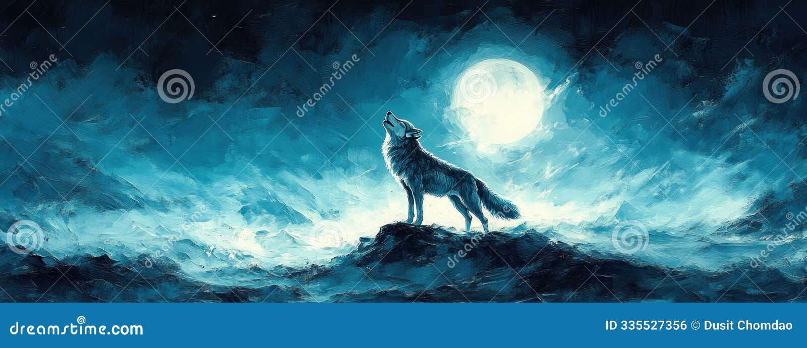 A Wolf Howling Under Full Moon, Surrounded by Dramatic Blue Landscape ...