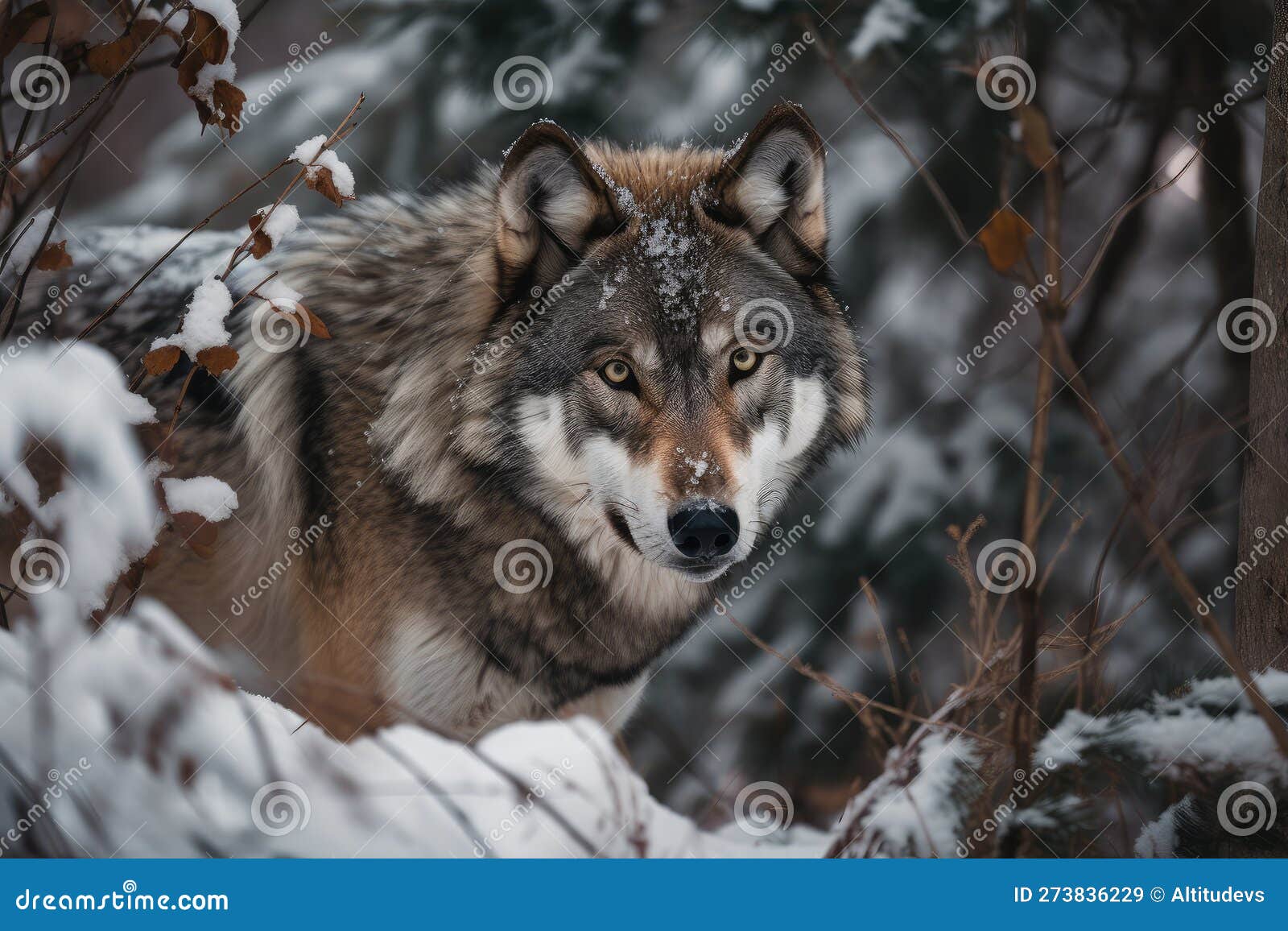 Wolf, with Its Muzzle and Fur Covered in Snow, Sneaking through the ...