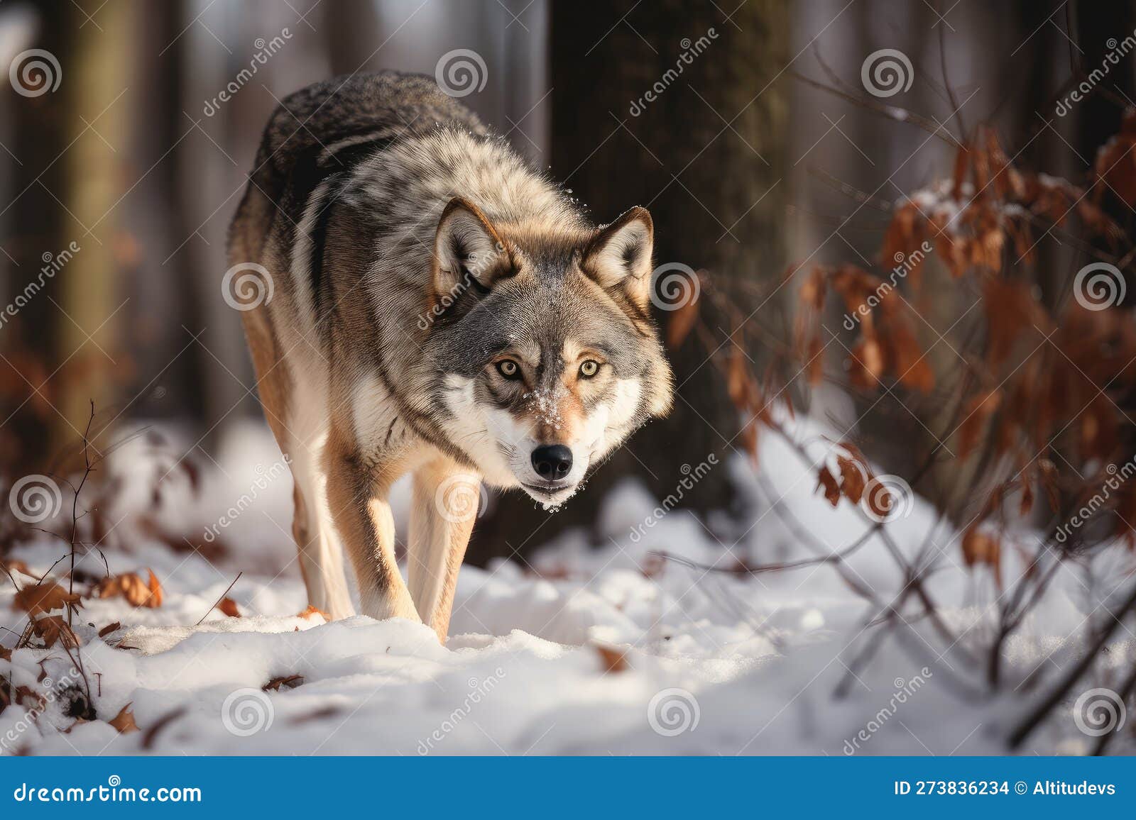 Wolf, with Its Muzzle and Fur Covered in Snow, Sneaking through the ...