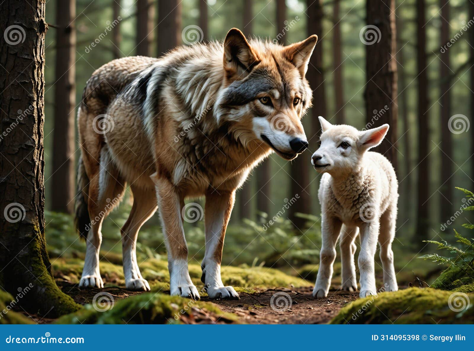 Wolf and Lamb in Forest. Generative AI Stock Illustration ...