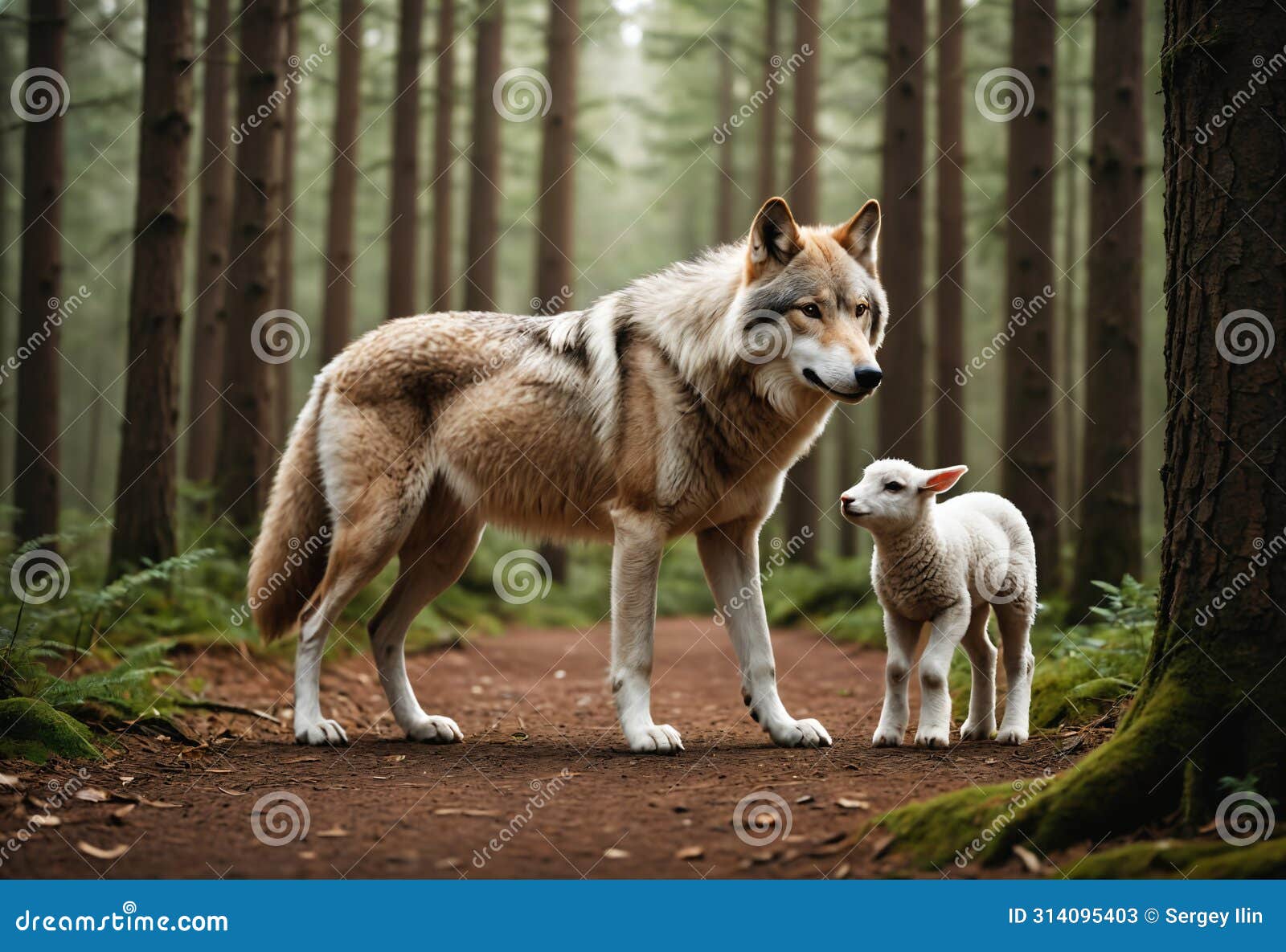 Wolf and Lamb in Forest. Generative AI Stock Illustration ...