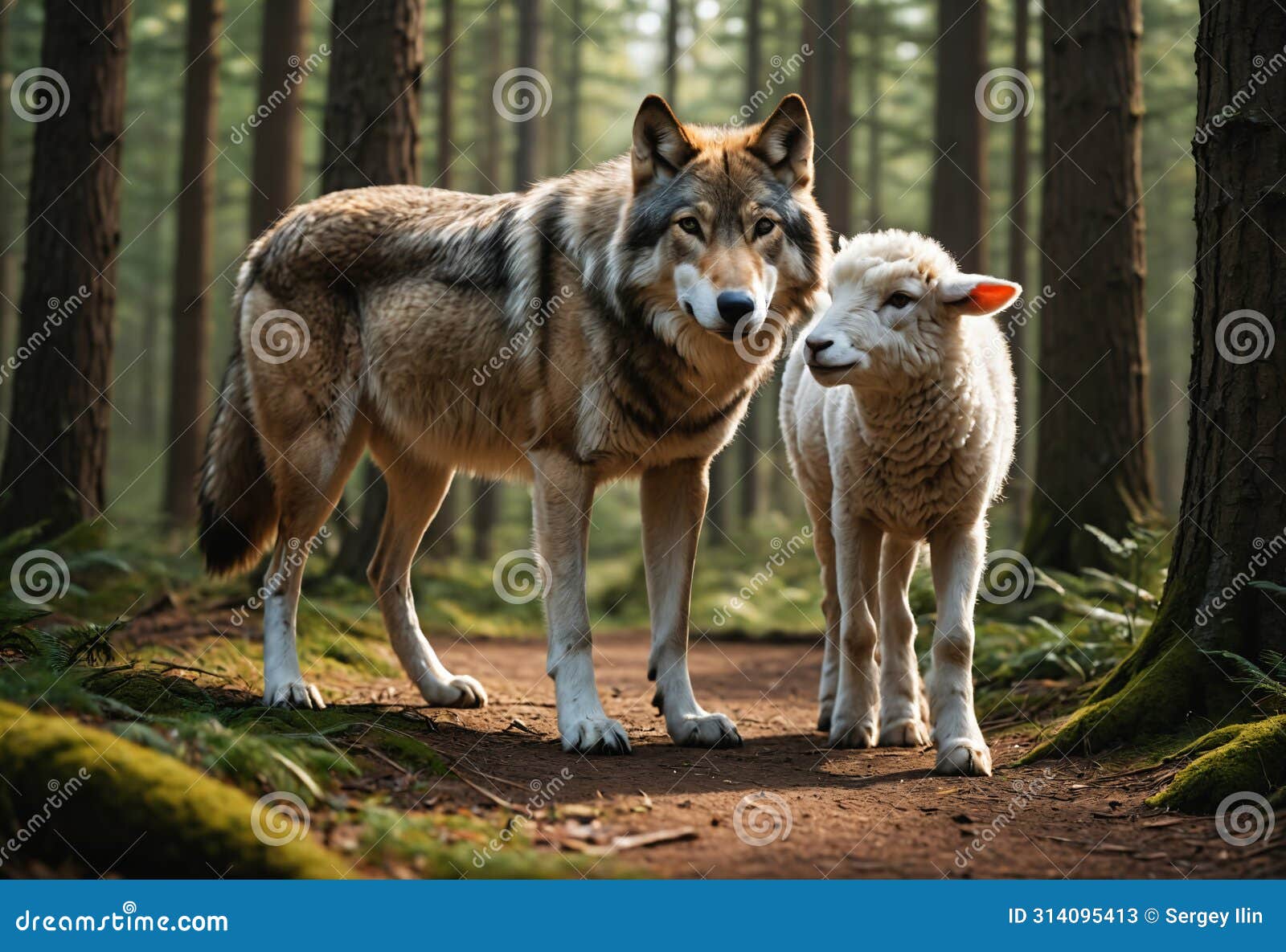 Wolf and Lamb in Forest. Generative AI Stock Illustration ...