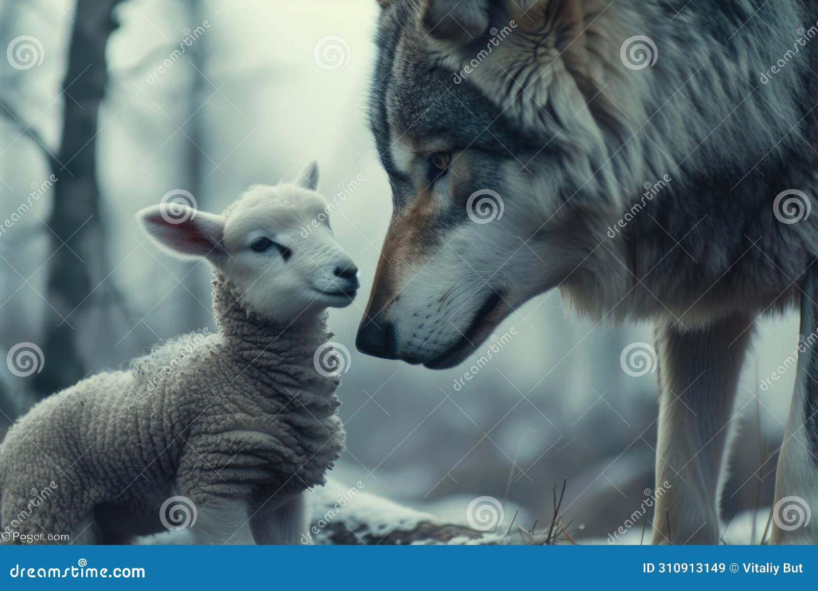 Wolf Standing Next To Lamb in Forest. Generative AI. Stock Image ...