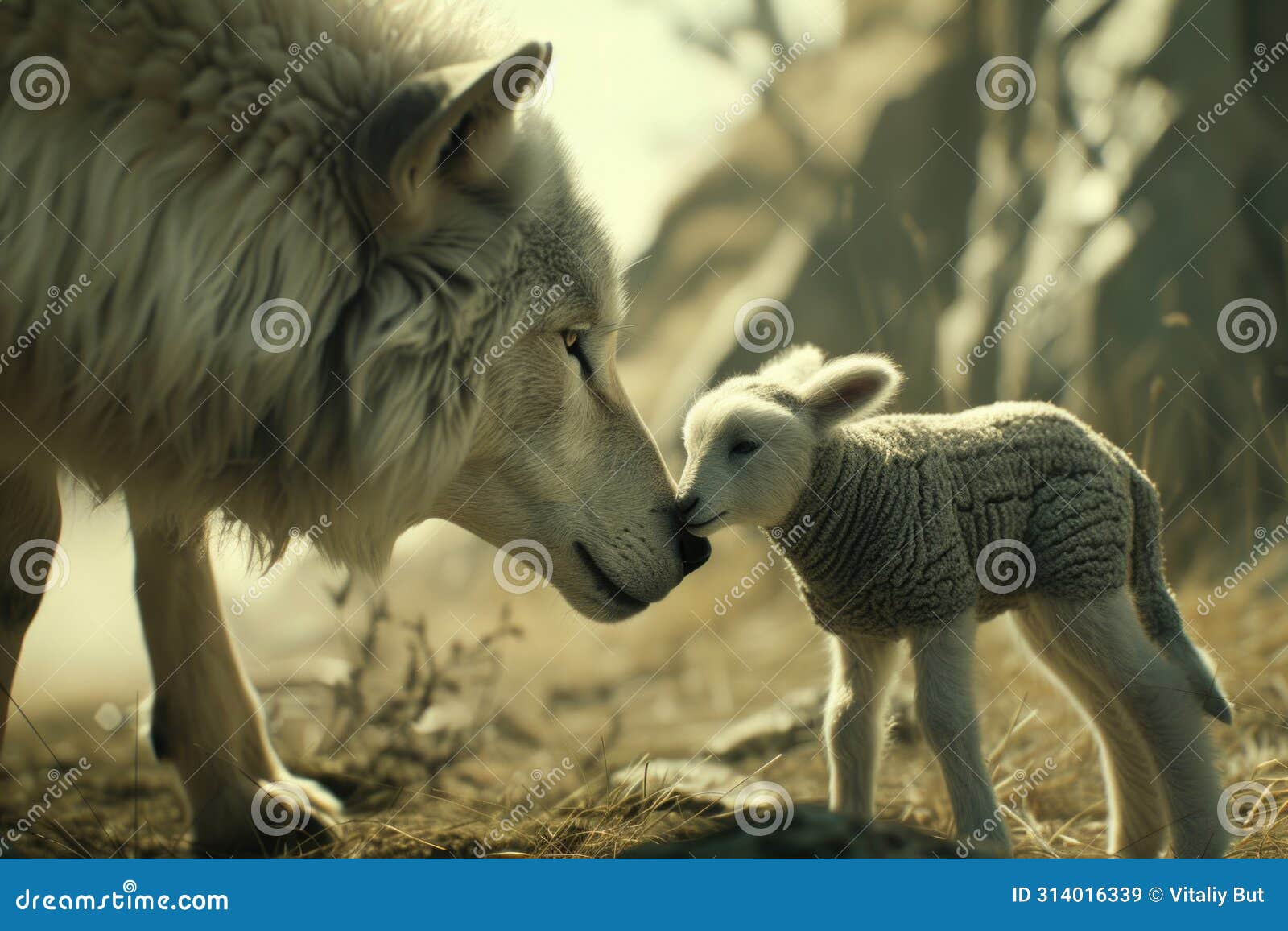 Wolf and Lamb Standing in Grass. Generative AI. Stock Image - Image of ...