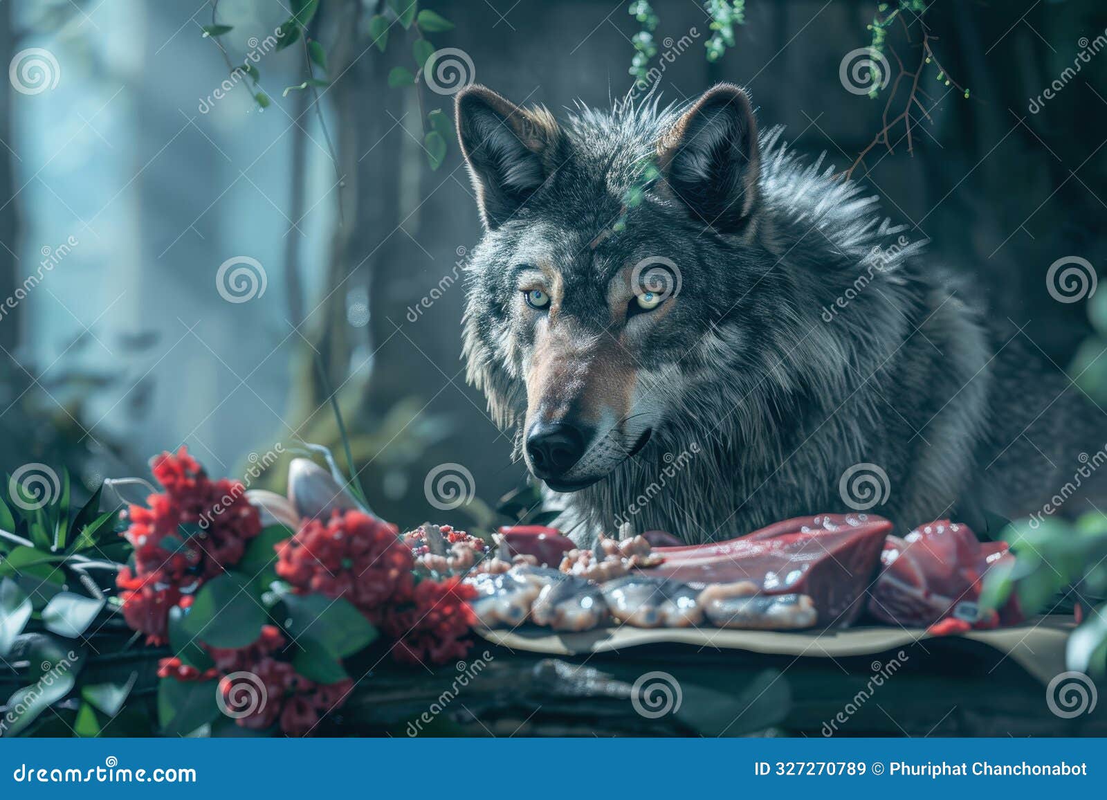 A Wolf is Laying on a Table with Meat on it with Generative AI Stock ...