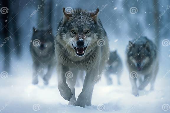 A Wolf Leading a Pack through Snow Stock Photo - Image of predator ...