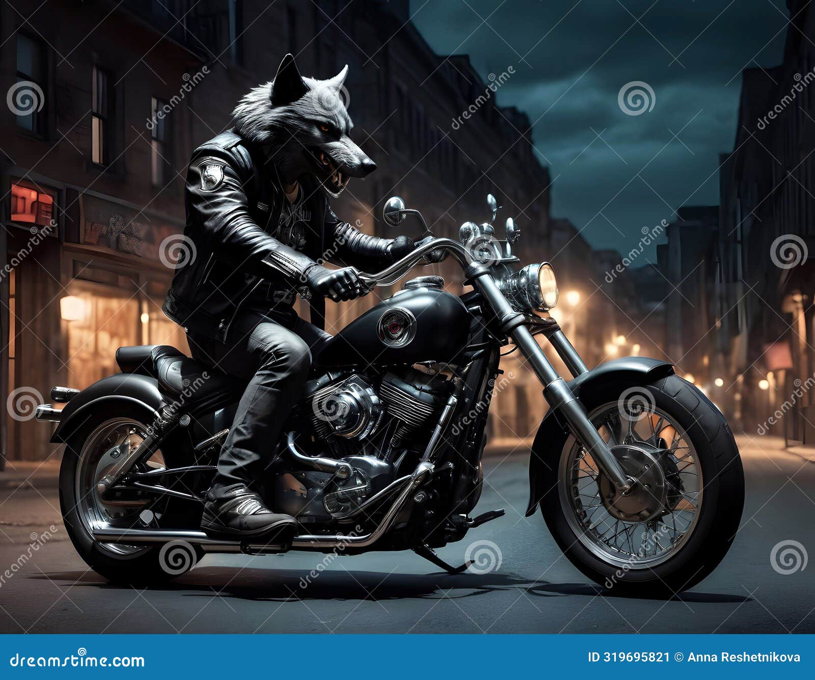 A Wolf In A Leather Jacket On A Motorcycle In The Night. Artificial ...