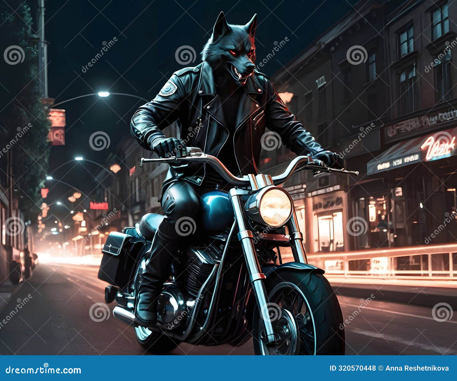 A Wolf In A Leather Jacket On A Motorcycle In The Night. Artificial ...