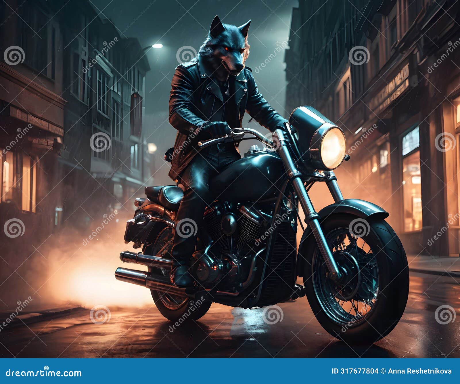 A Wolf In A Leather Jacket On A Motorcycle In The Night. Artificial ...