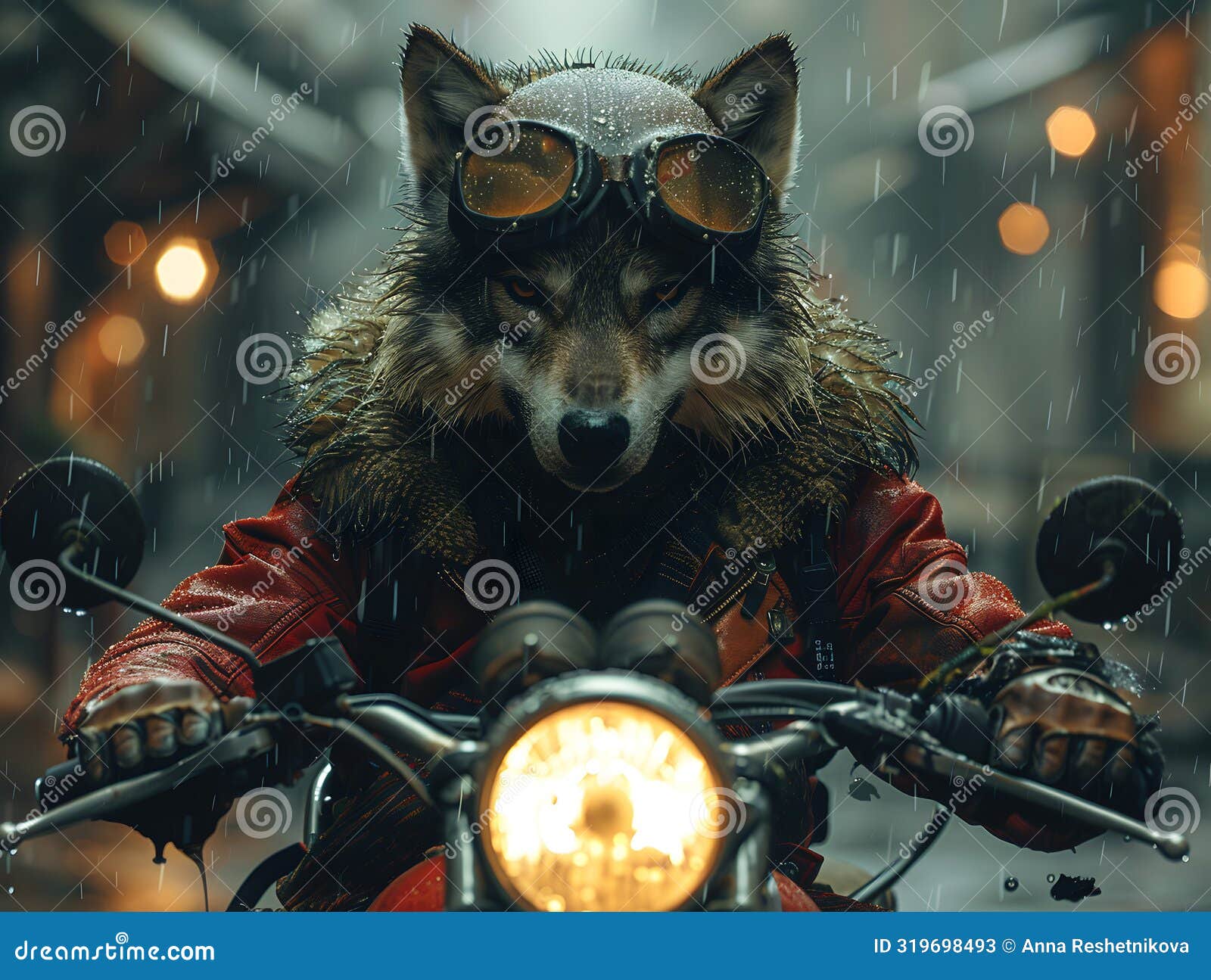A Wolf In A Leather Jacket On A Motorcycle In The Night. Artificial ...