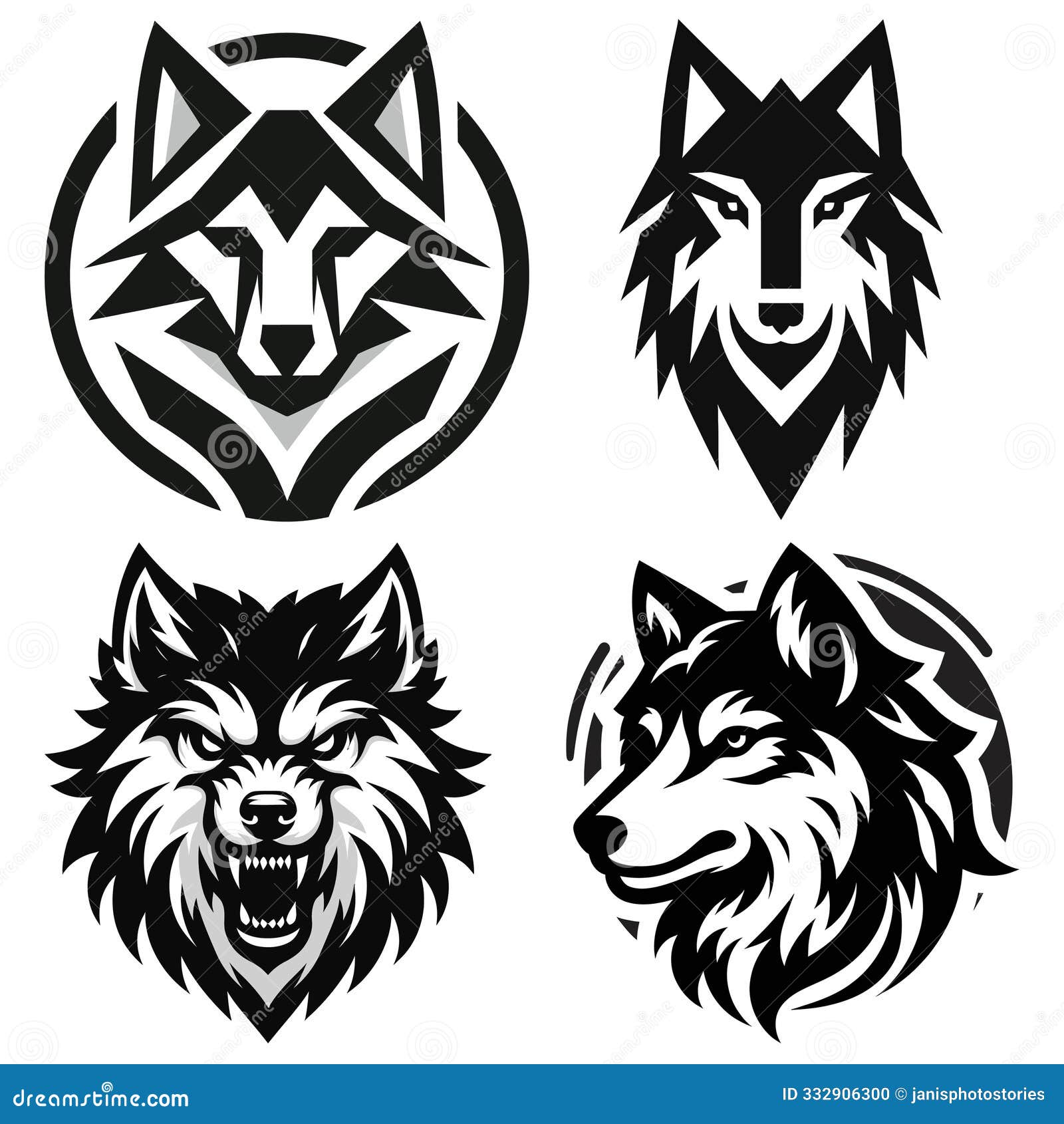 Wolf Logo Set, in Black and White, Vector Illustration, Isolated ...