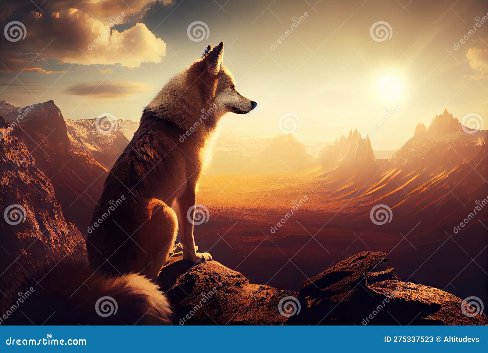 Wolf, Looking Out Over Expansive Mountain Range, with the Sun Shining ...