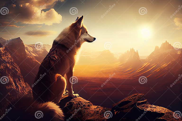 Wolf, Looking Out Over Expansive Mountain Range, with the Sun Shining ...