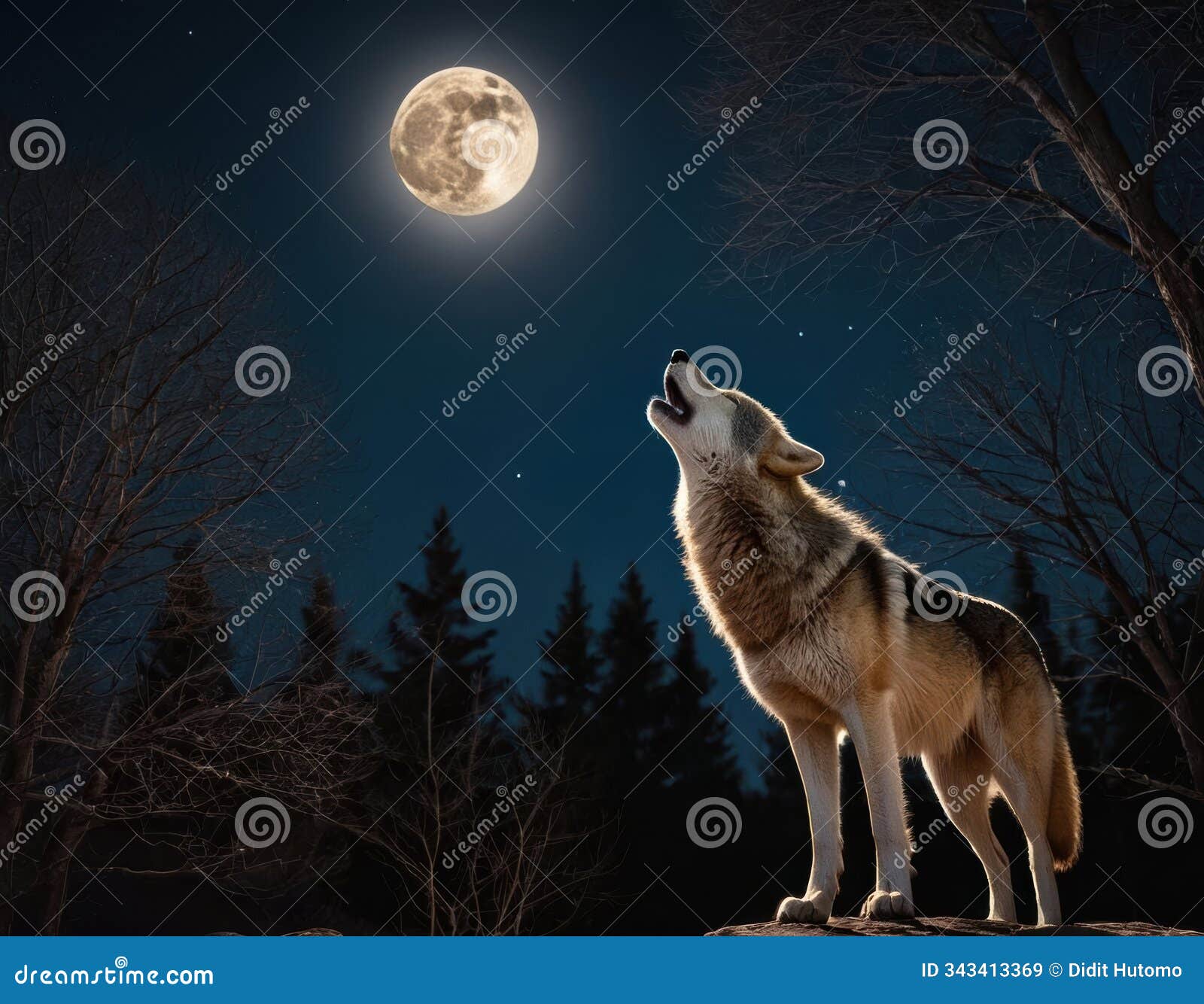 Grey Alpha Wolf during Full Moon Night. Stock Illustration ...