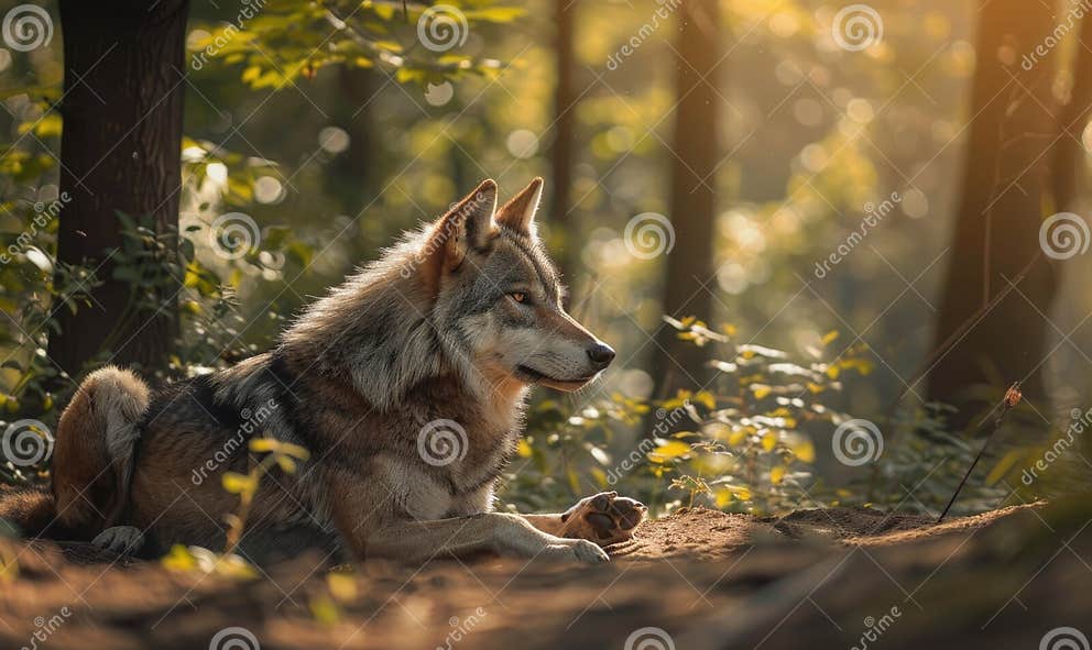 Wolf lying in the shade stock photo. Image of spring - 325379214