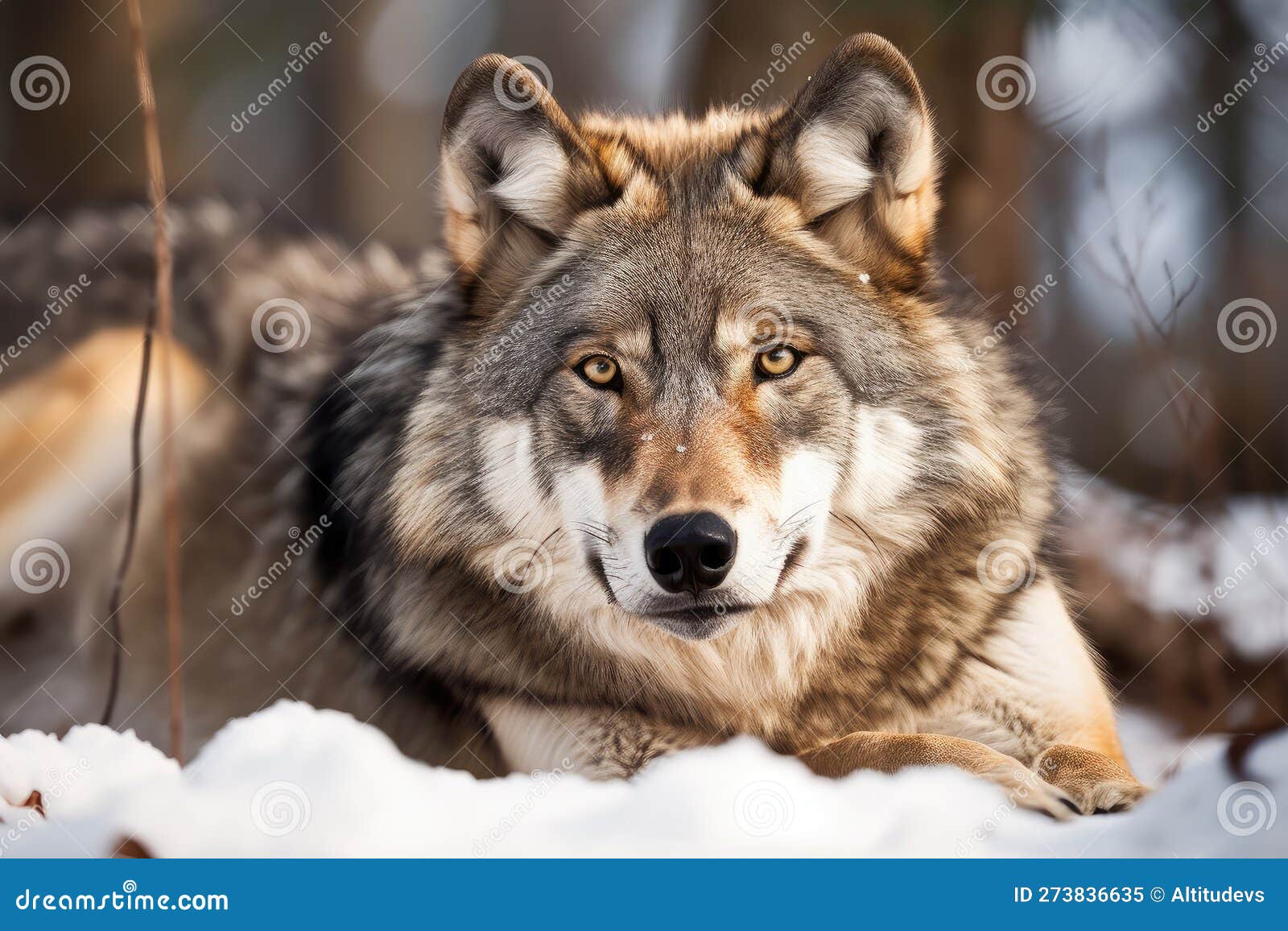 Wolf Lying in the Snow, Its Muzzle Turned Toward the Camera Stock ...