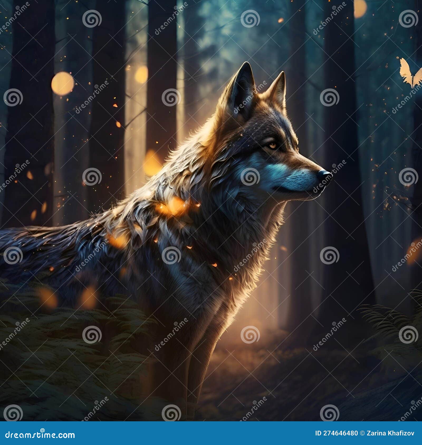 Wolf in a magic forest stock illustration. Illustration of mammal ...