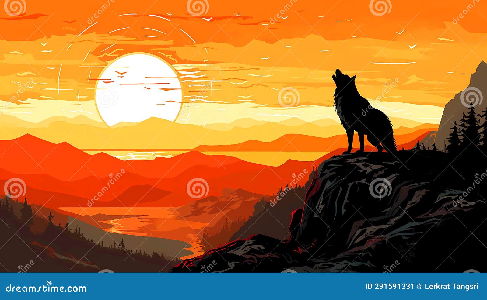 Wolf on the Mountain Sunrise Stock Illustration - Illustration of view ...