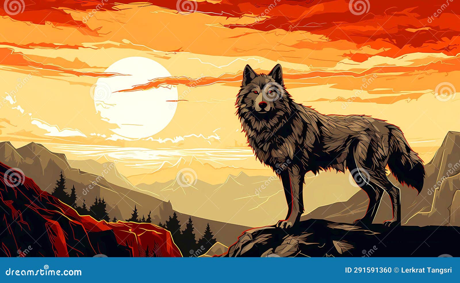 Wolf on the Mountain Sunrise Stock Illustration - Illustration of ...