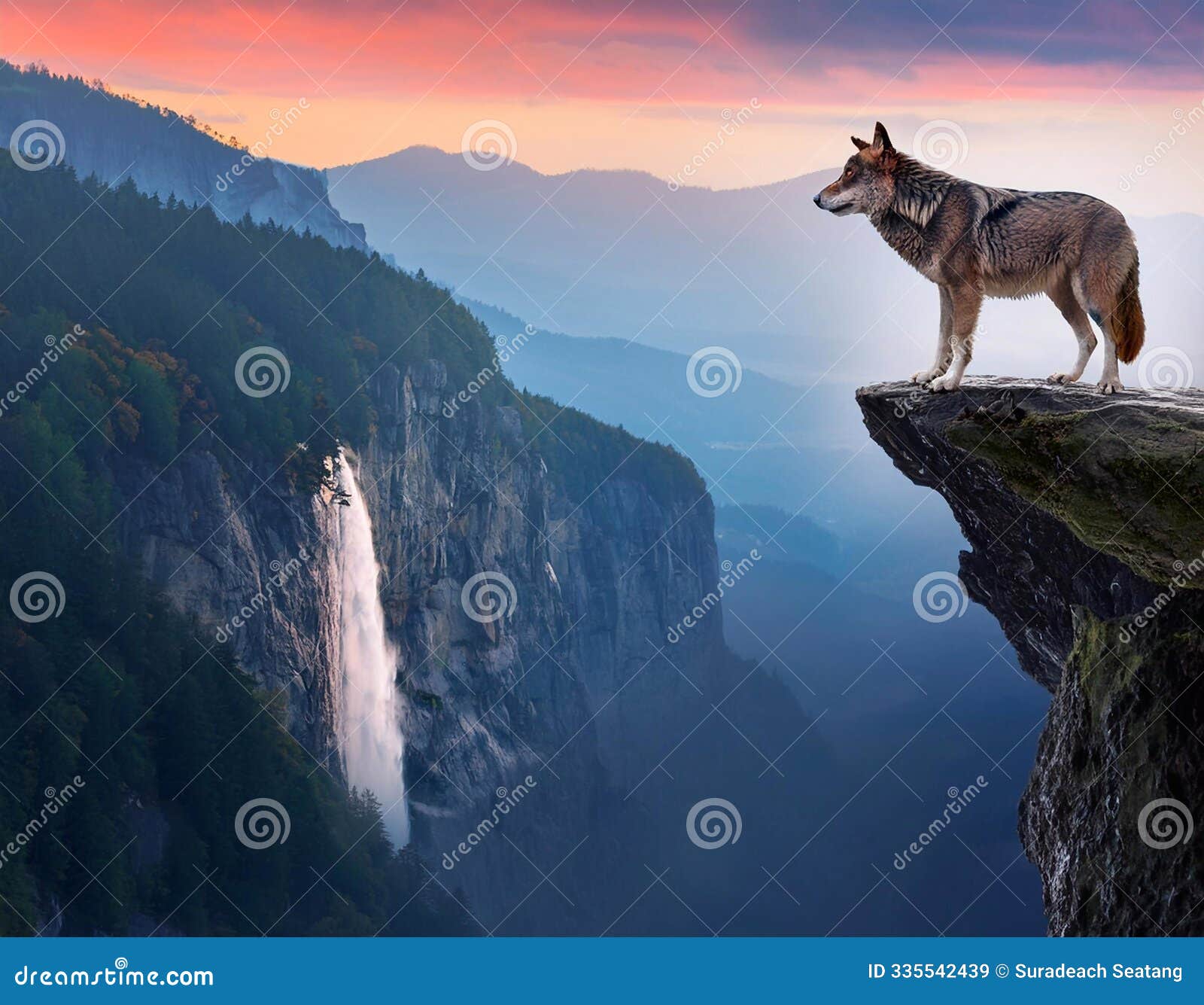 Wolf on the Mountain with Waterfall Stock Illustration - Illustration ...