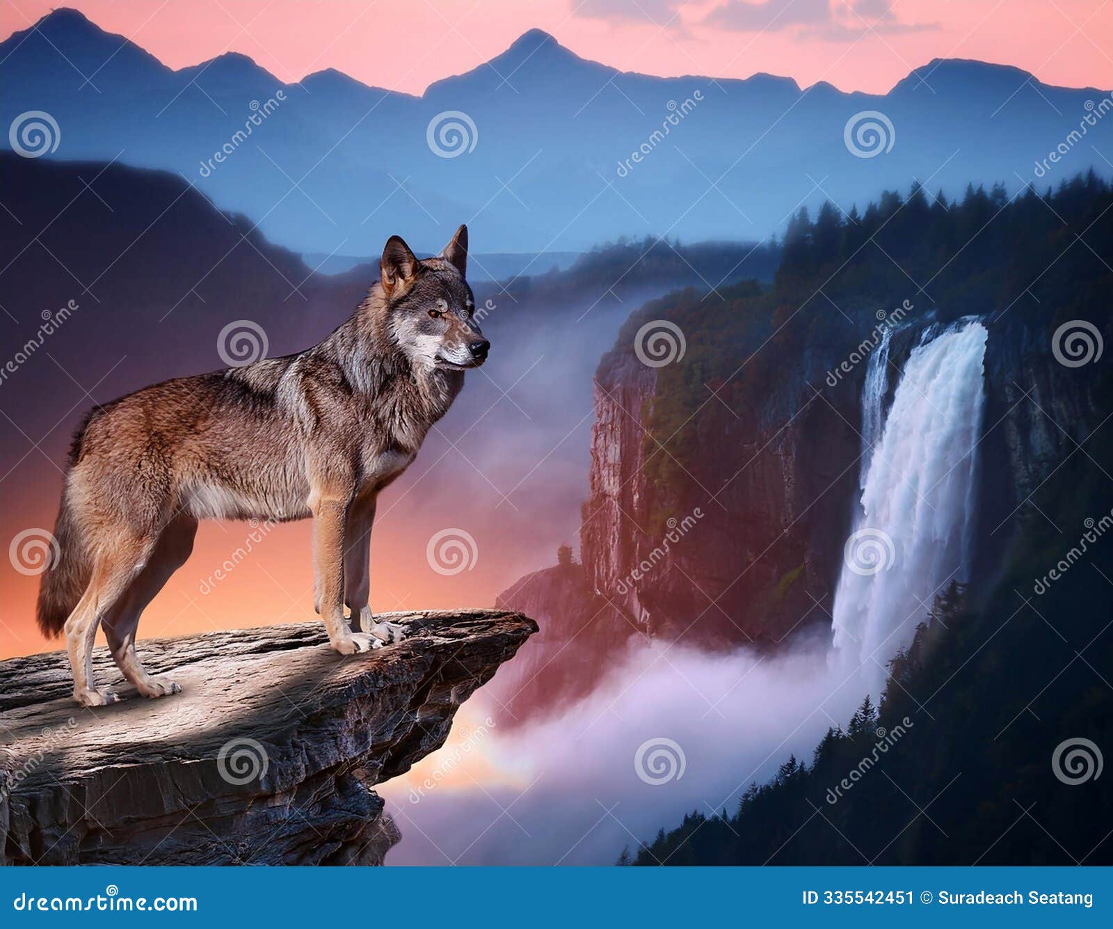 Wolf on the Mountain with Waterfall Stock Illustration - Illustration ...
