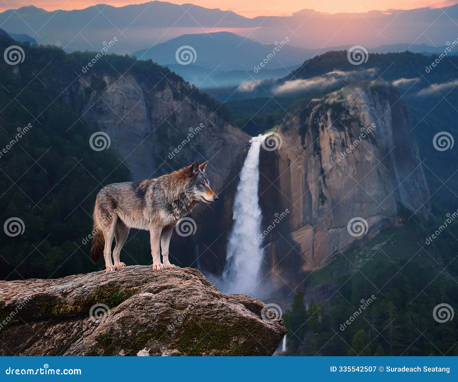 Wolf on the Mountain with Waterfall Stock Illustration - Illustration ...