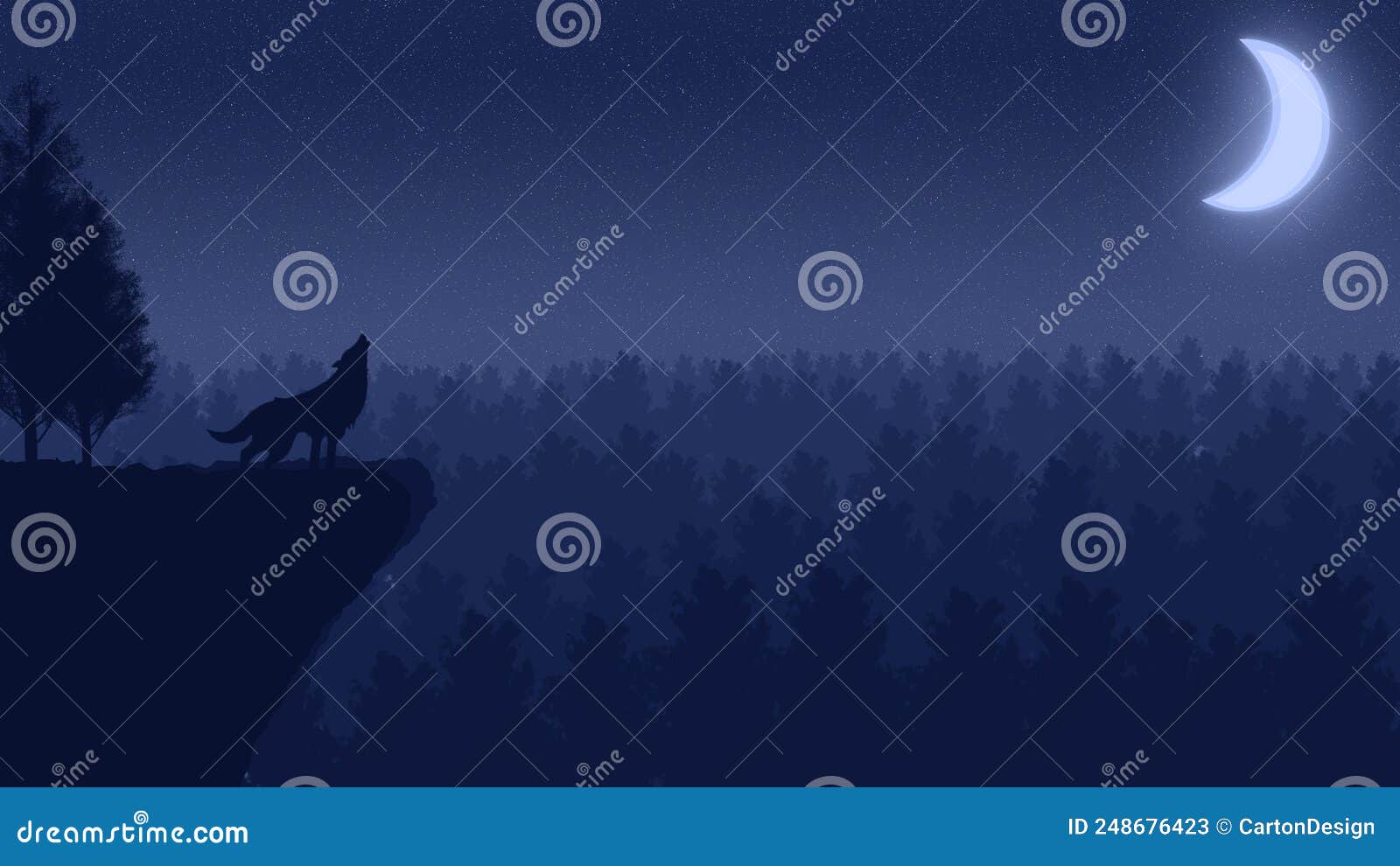 Landscape of a Wolf Howling at the Night Moon Stock Illustration ...