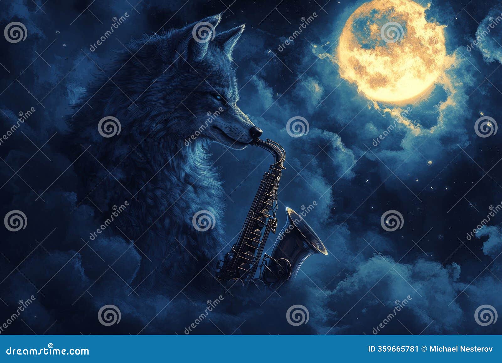 Wolf Musician is Playing Saxophone Under the Full Moon in a Cloudy ...