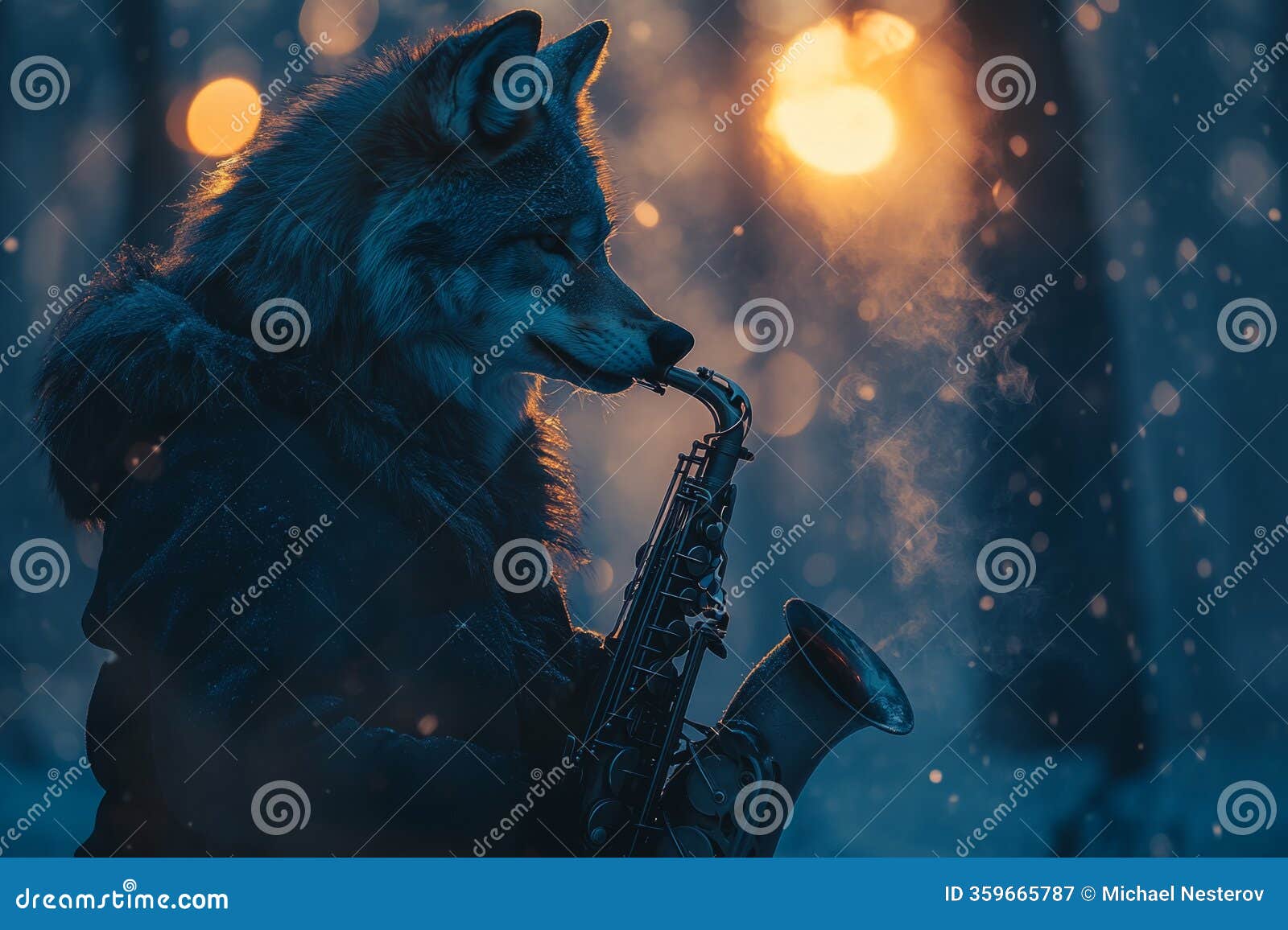 Wolf Musician is Playing Saxophone Under the Full Moon in a Cloudy ...