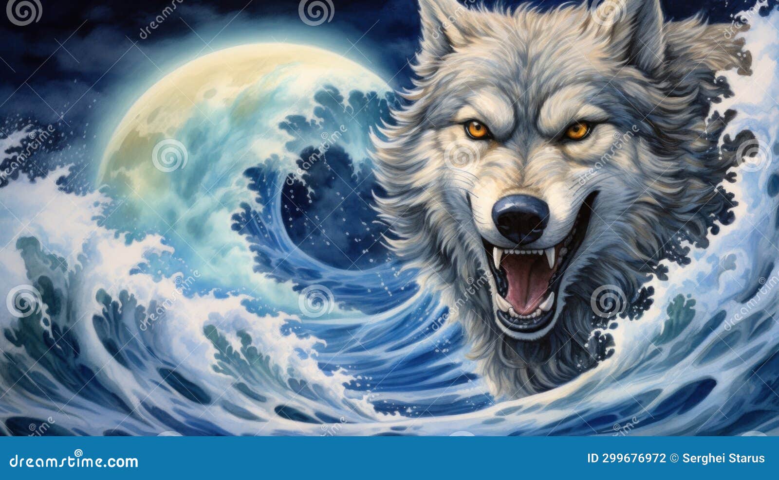 Wolf in the Ocean with Moon, AI Stock Photo - Image of smiling, animals ...